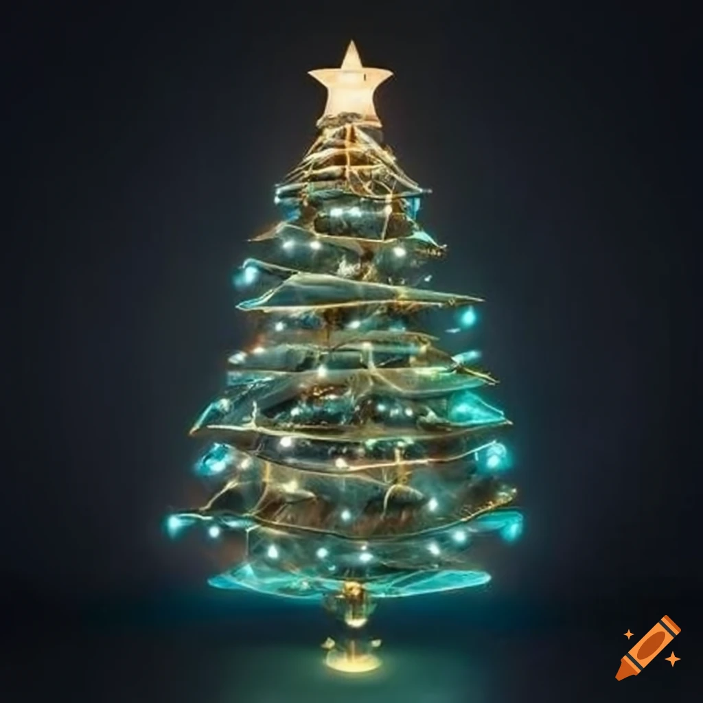 Contemporary art style surreal christmas tree with various objects and ...