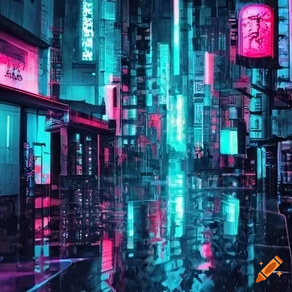 Futuristic city in the rain with neon lights, evoking a dystopian Japan ...