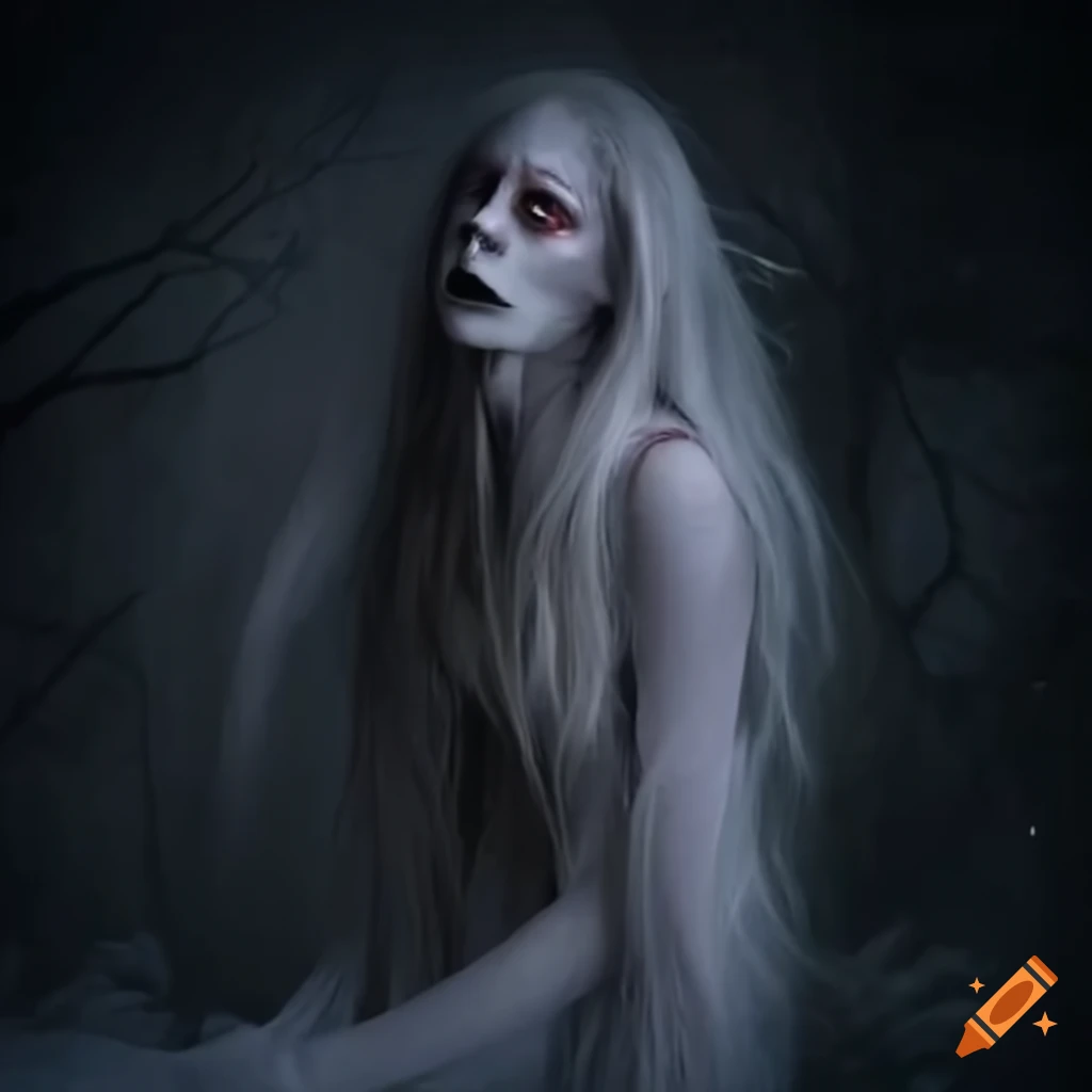 Tall scary skinny female monster in a snowy forest at night