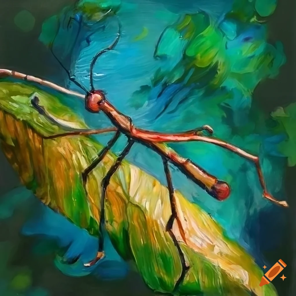 Walking stick insect on a magical leaf in impressionist style