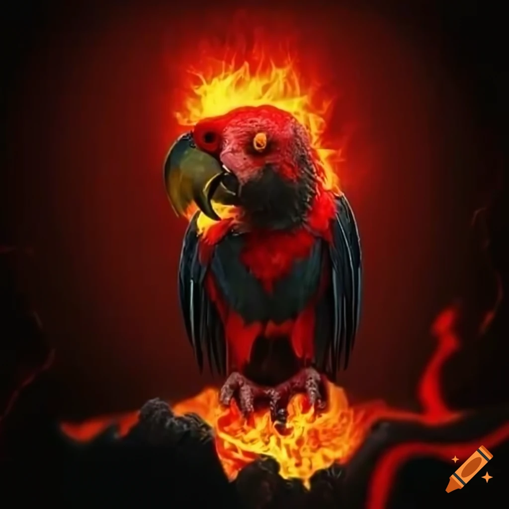 Sinister parrot surrounded by fire and lava