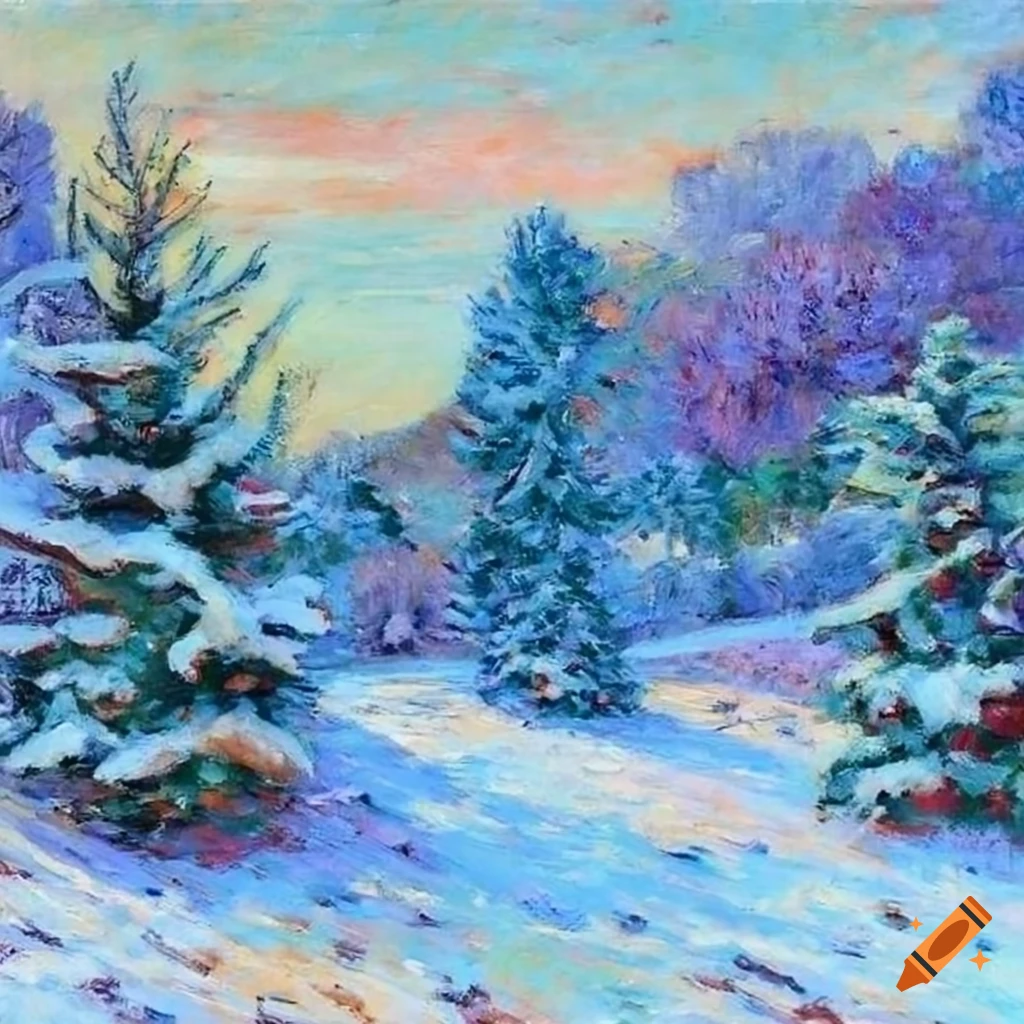 Snow-covered house and Christmas trees at the winter solstice by Armand Guillaumin on Craiyon