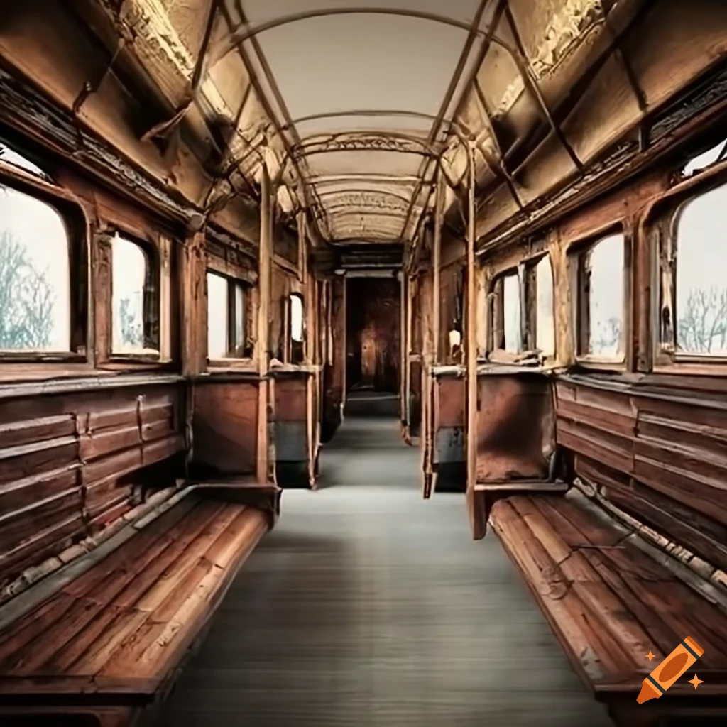 Interior of an old wooden train carriage