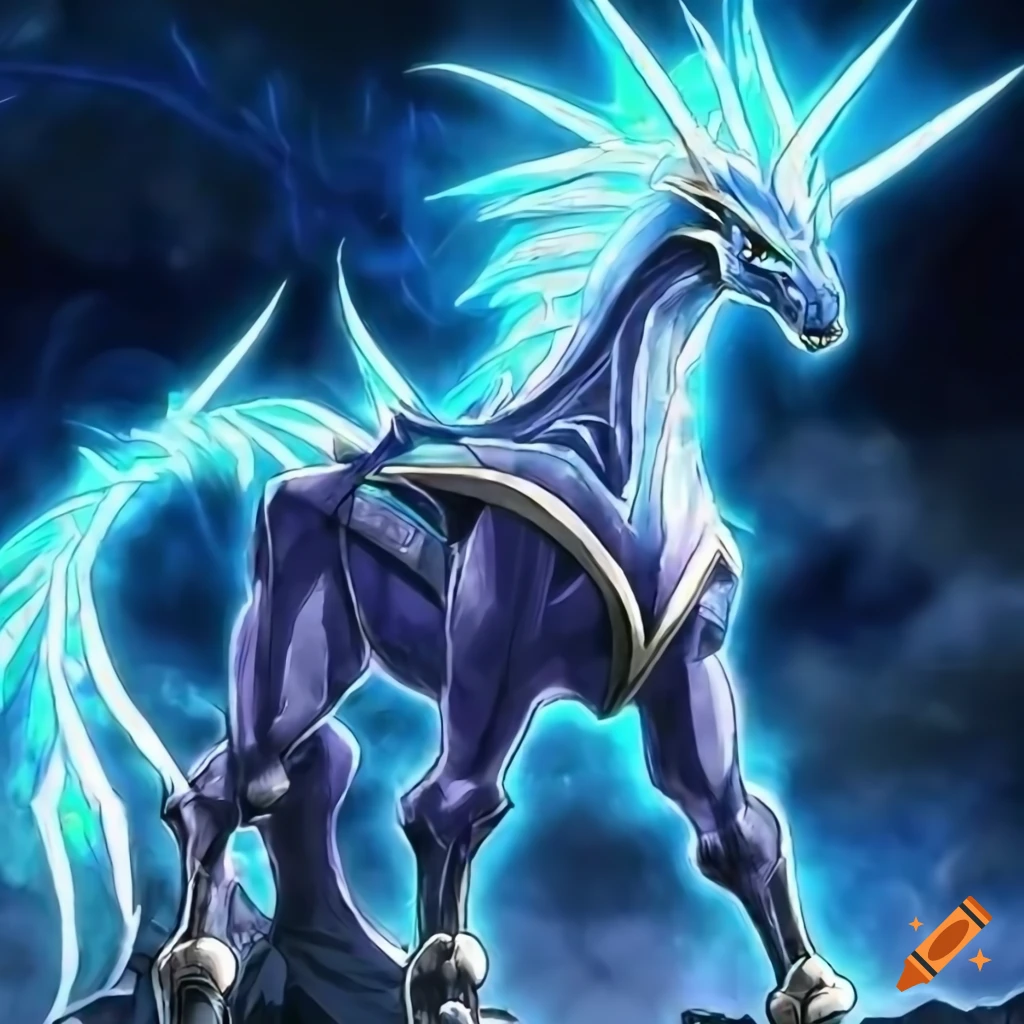 Highly detailed yu-gi-oh style artwork of a horse dragon with thunder