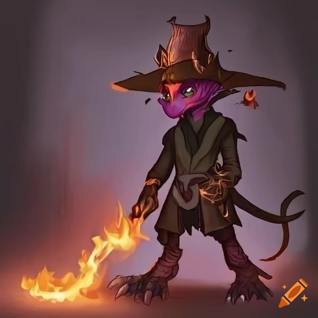 Adventurous young kobold sorcerer using fire magic in a shadowy forest ...