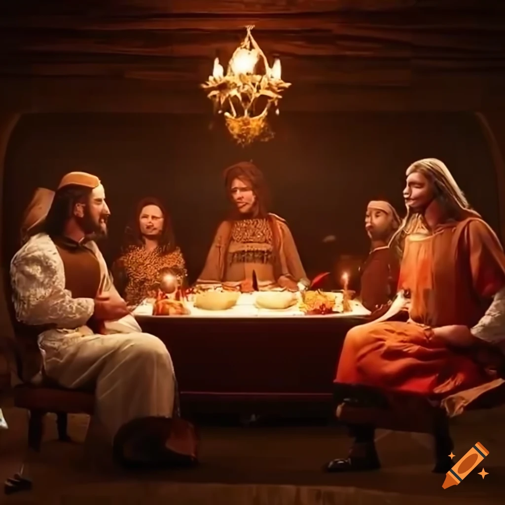 Medieval Slavic feast with men and women wearing white tunics, starry ...