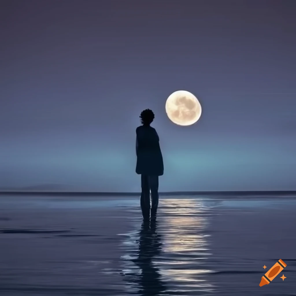 Person standing by the ocean under the moonlight