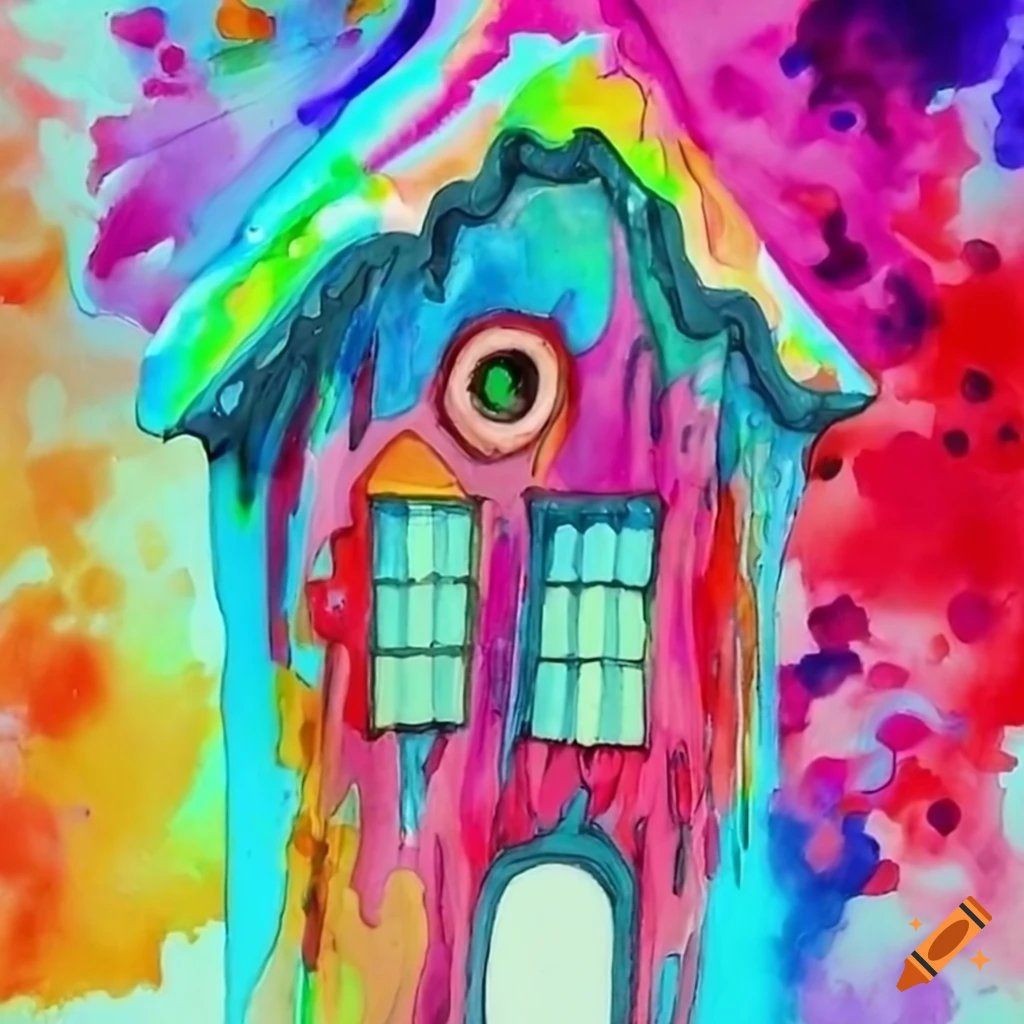 Vivid crayon house drip art with funky colors
