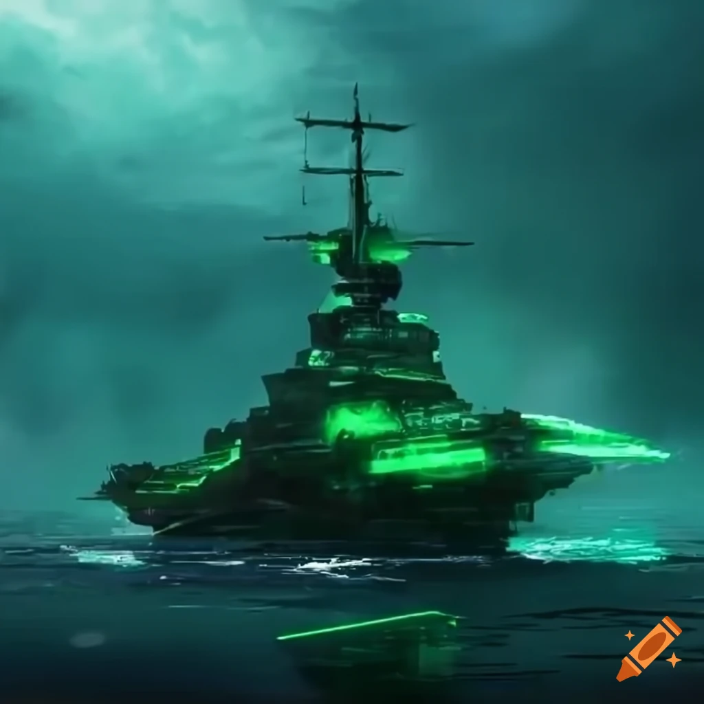Glowing green cyberpunk frigate at sea in a tempest on Craiyon