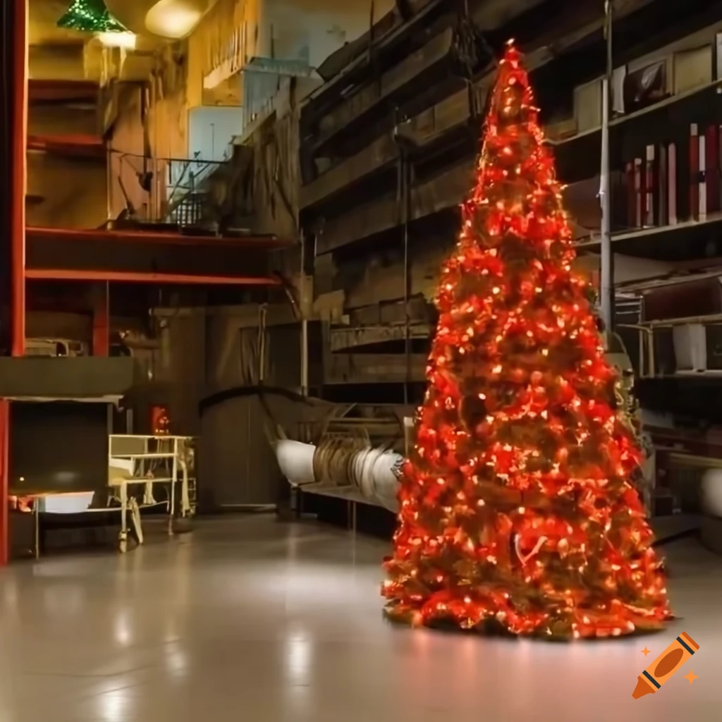 Well lit modern factory interior decorated for the holidays