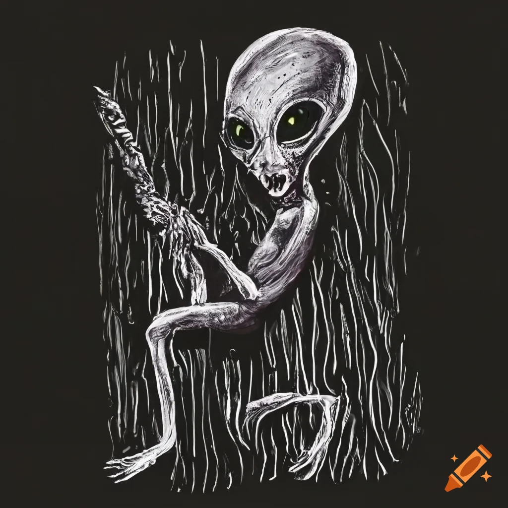 Alien creature playing guitar on a dark stage
