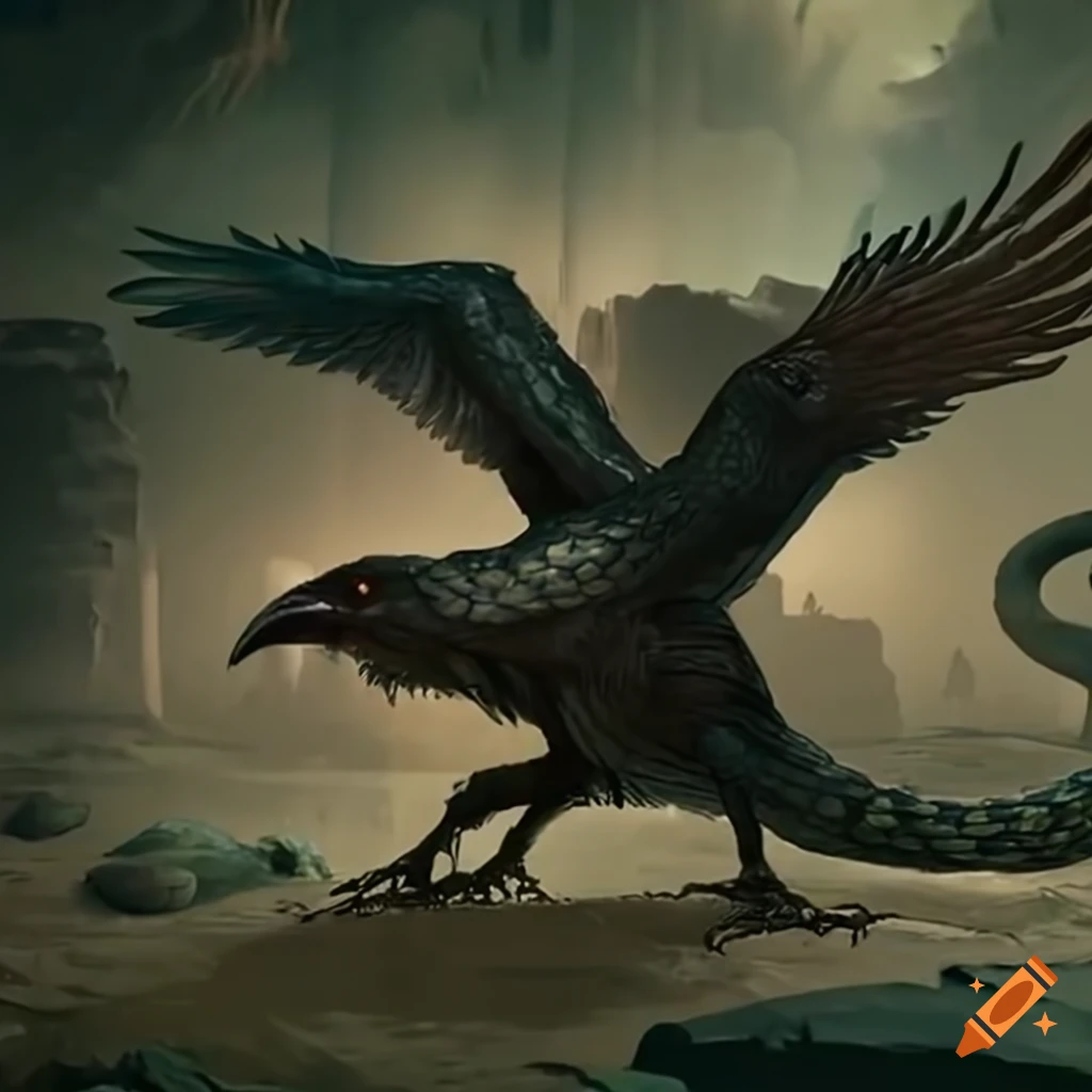 Prehistoric snake battling mythical raven in ancient Incan temple ruins ...