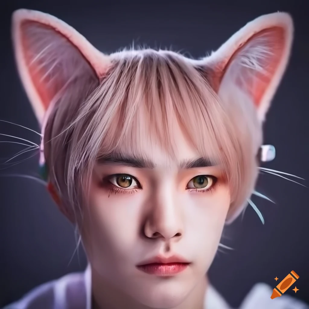 Handsome catboy with detailed realistic features and brown eyes in a kimono