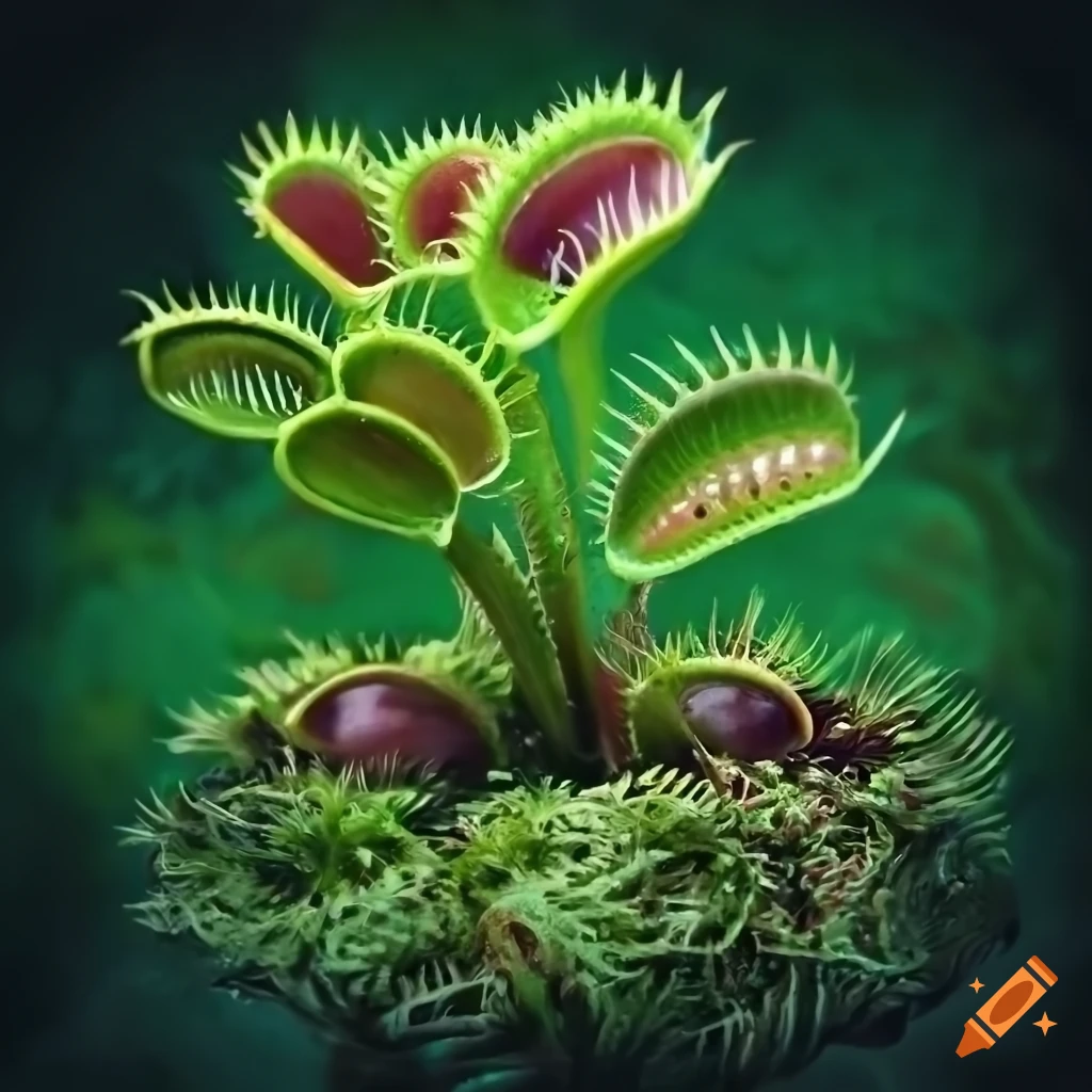 Art nouveau venus flytrap surrounded by moss and ferns, highly detailed on Craiyon