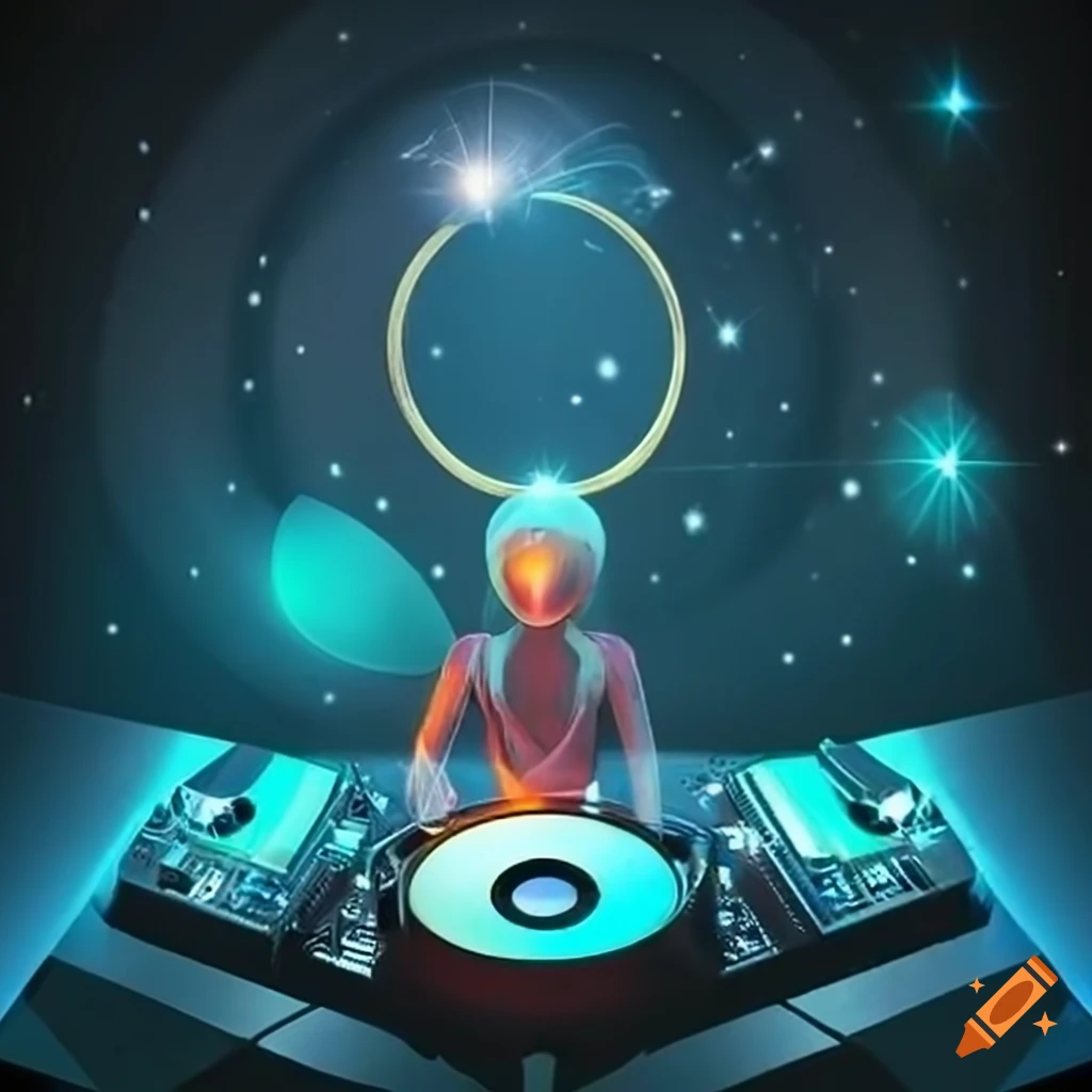 Stylized divine dj booth with celestial elements on Craiyon