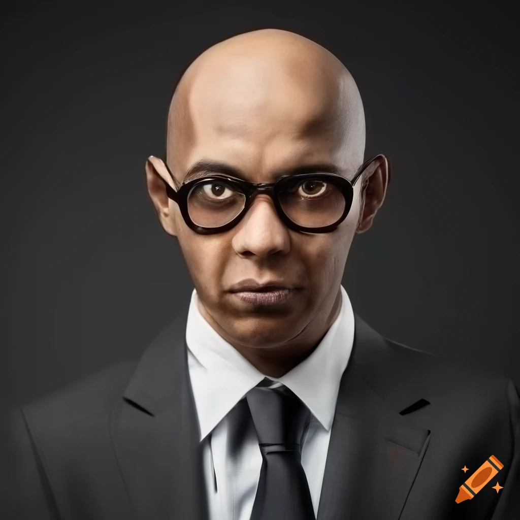 Realistic Portrait Of A Stern Looking Black Bald Man With Glasses Tie And Suit On Craiyon