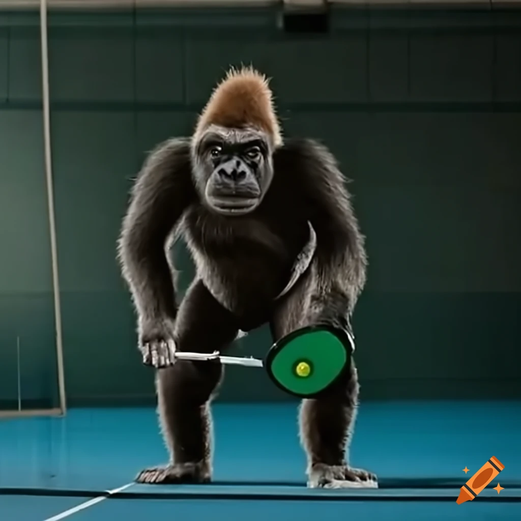 Friendly gorilla playing pickleball in a gymnasium on Craiyon