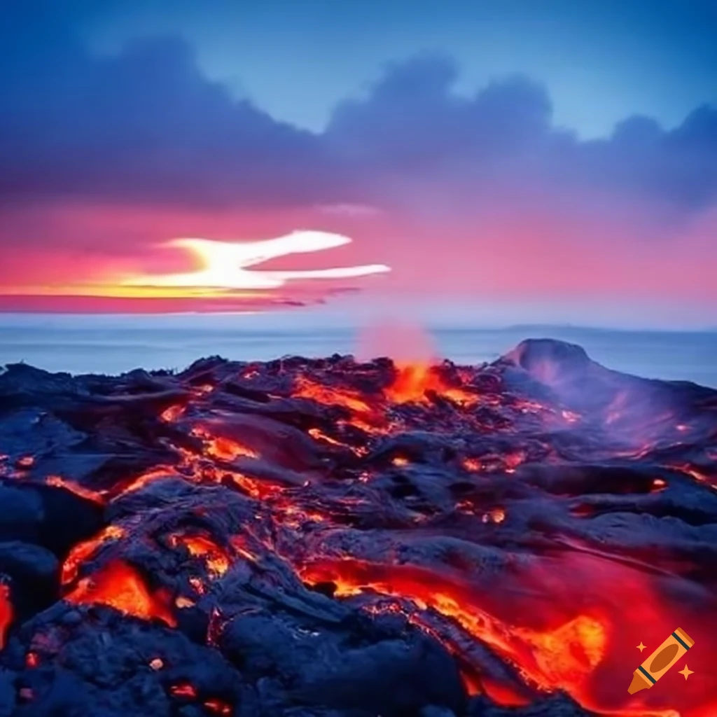 Bright volcanic landscape covered in lava pools