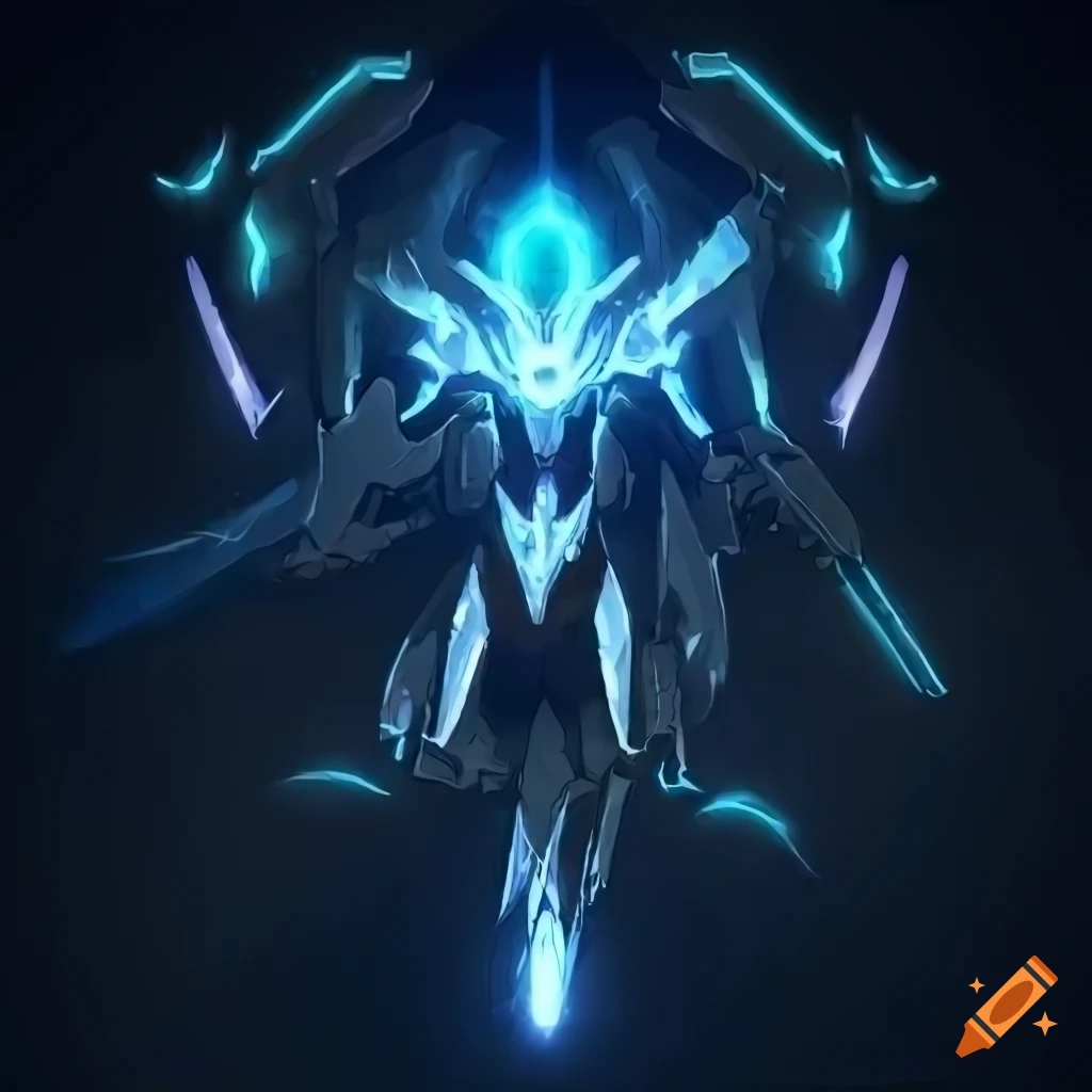 Slender white armored mecha with glowing blue eyes and sword in dynamic ...
