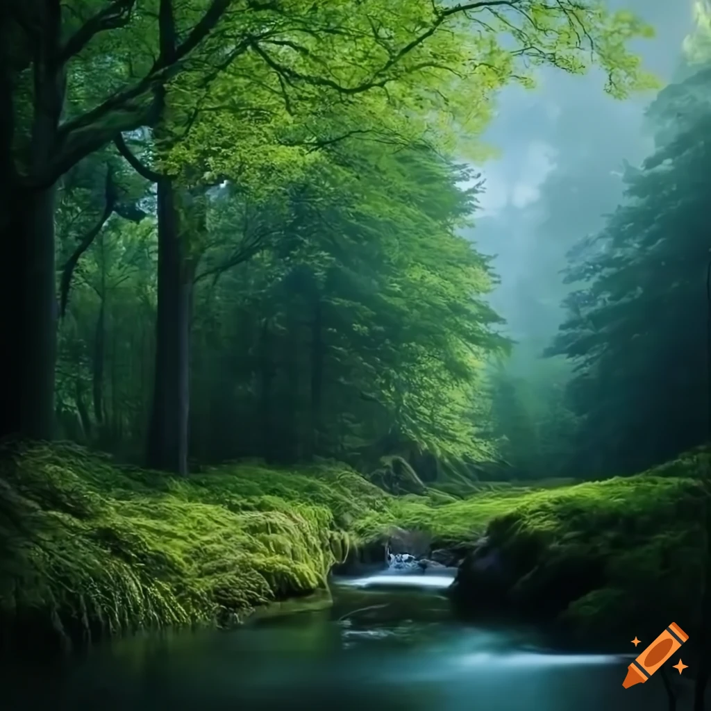 Photorealistic peaceful woodland landscape with oak tree and small stream