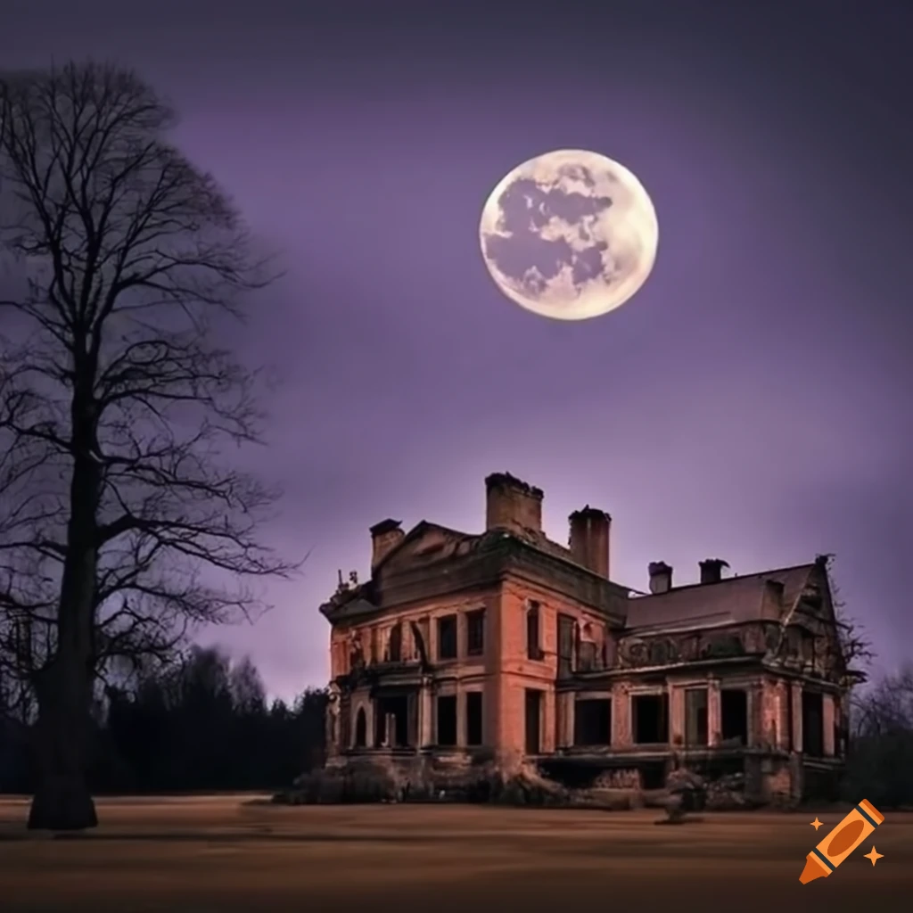 Rundown historic mansion surrounded by foreboding trees at night