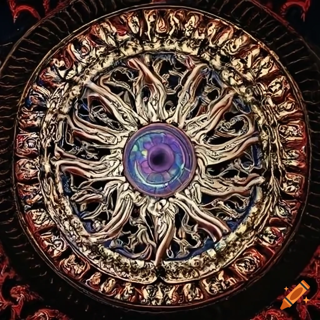 Intricate feathered Ophanim figure surrounded by wings and glowing eyes ...