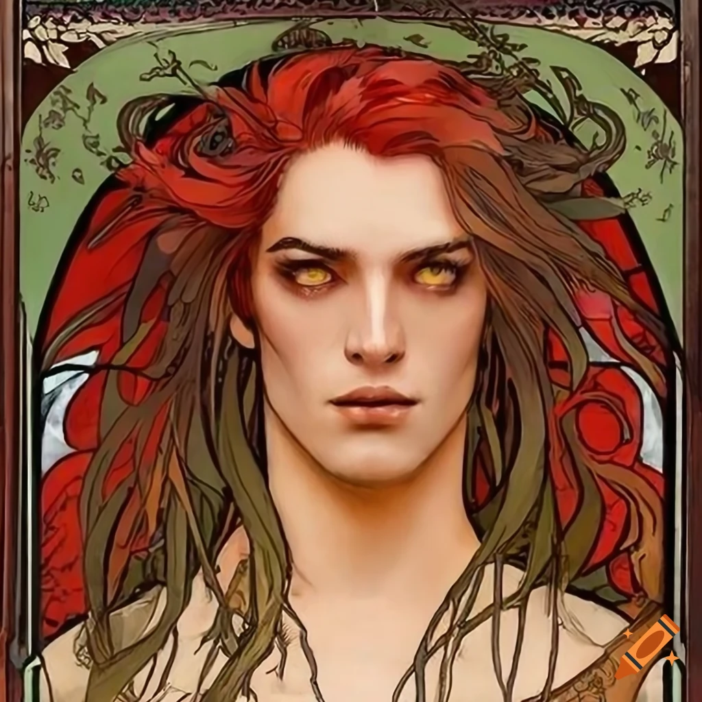 Male vampire with long hair in alphonse mucha inspired painting