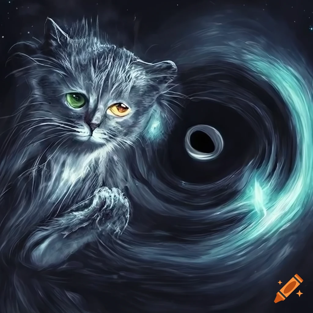 Epic battle of celestial cats against a swirling black hole in science fiction art on Craiyon