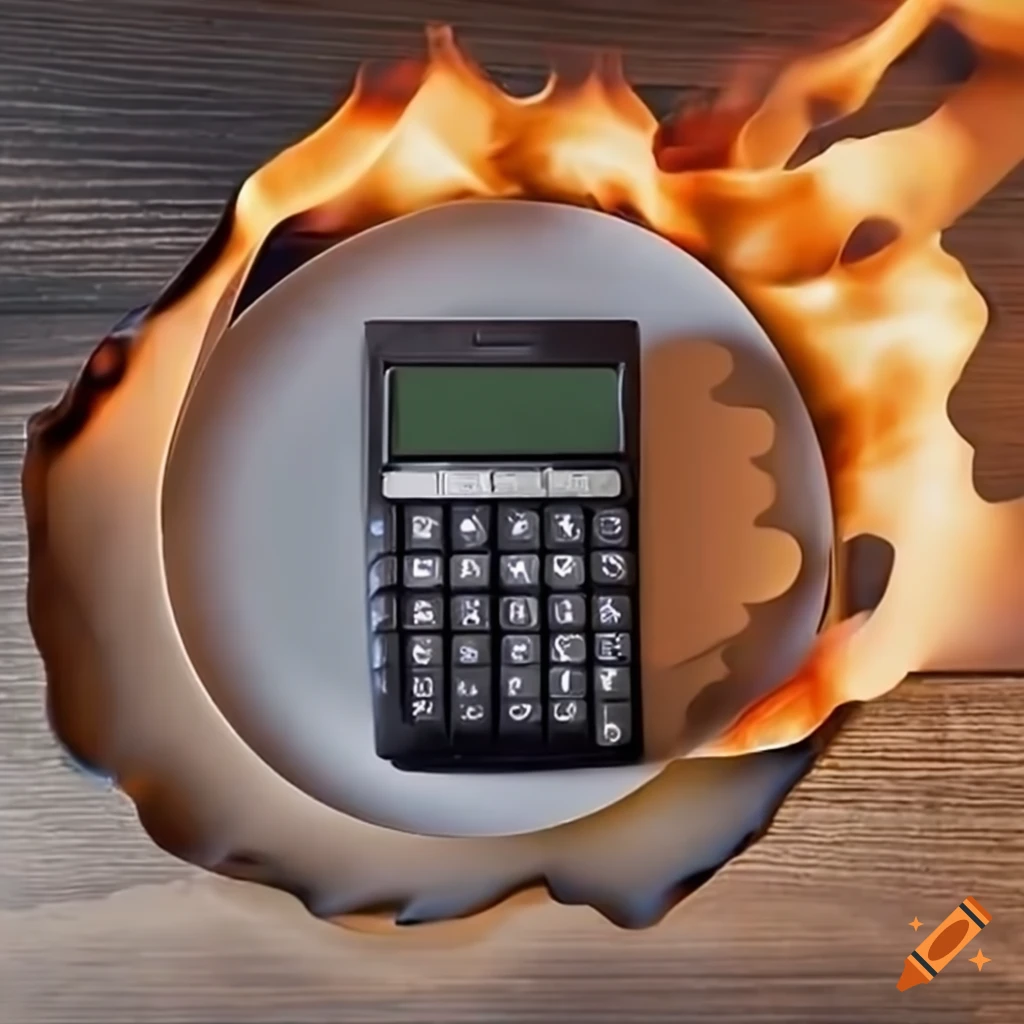 Plate of food and calculator on table in dramatic explosion on Craiyon