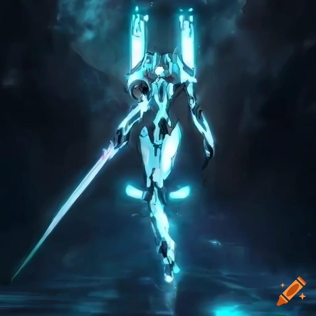 White armored mecha with glowing blue eyes and sword on dynamic ...