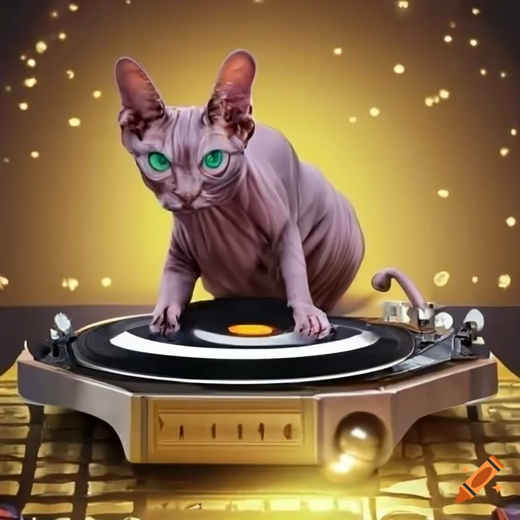 Sphinx cat dj mixing beats on a golden stage with golden background