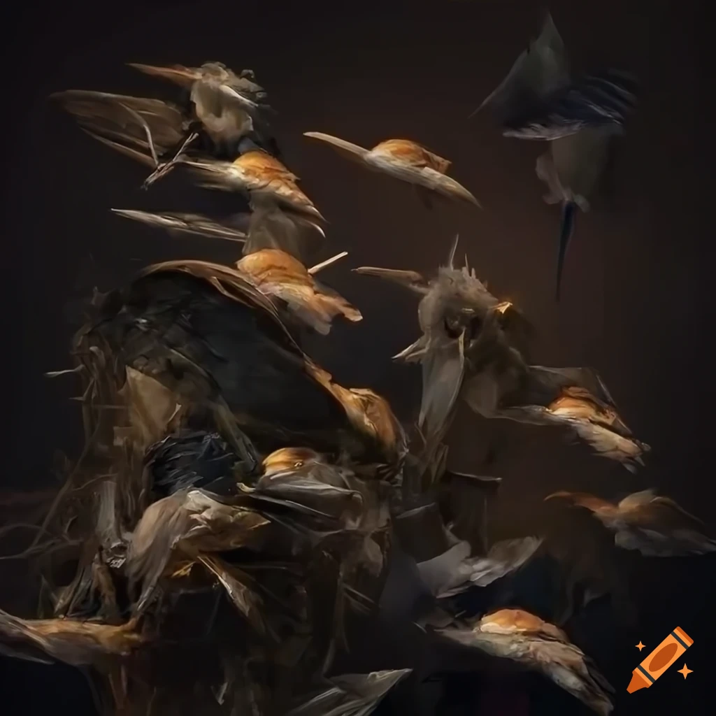 Distorted birds caught in chaotic web in a dystopian landscape ...