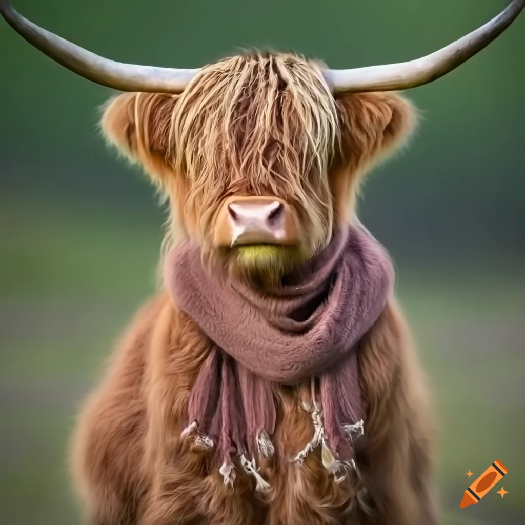 Fluffy highland cow sitting down wearing a scarf