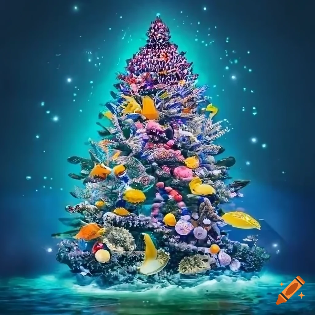 Adorable christmas tree with colorful corals and fishes in the ocean on ...