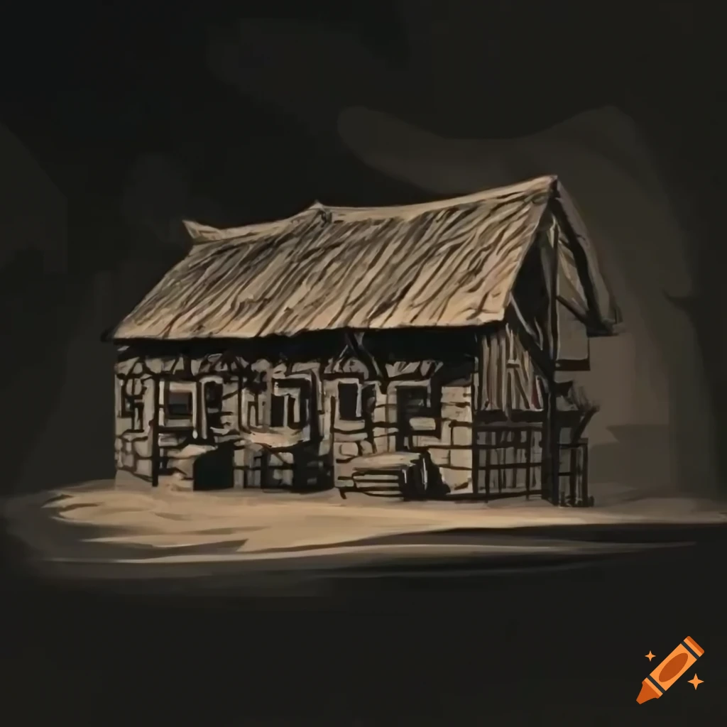 Medieval butcher shop exterior in black and white drawing on Craiyon