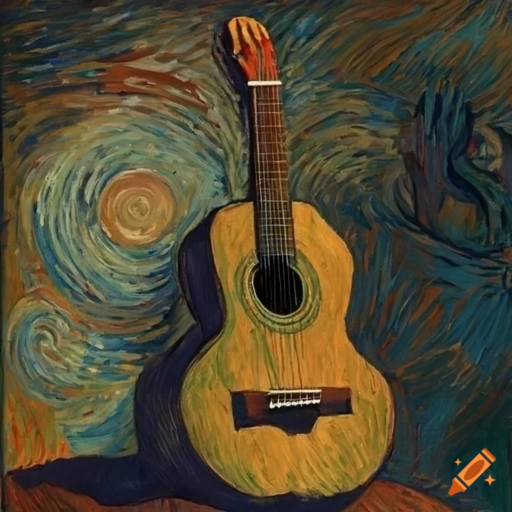 Classical guitar in a dark study in the style of vincent van gogh