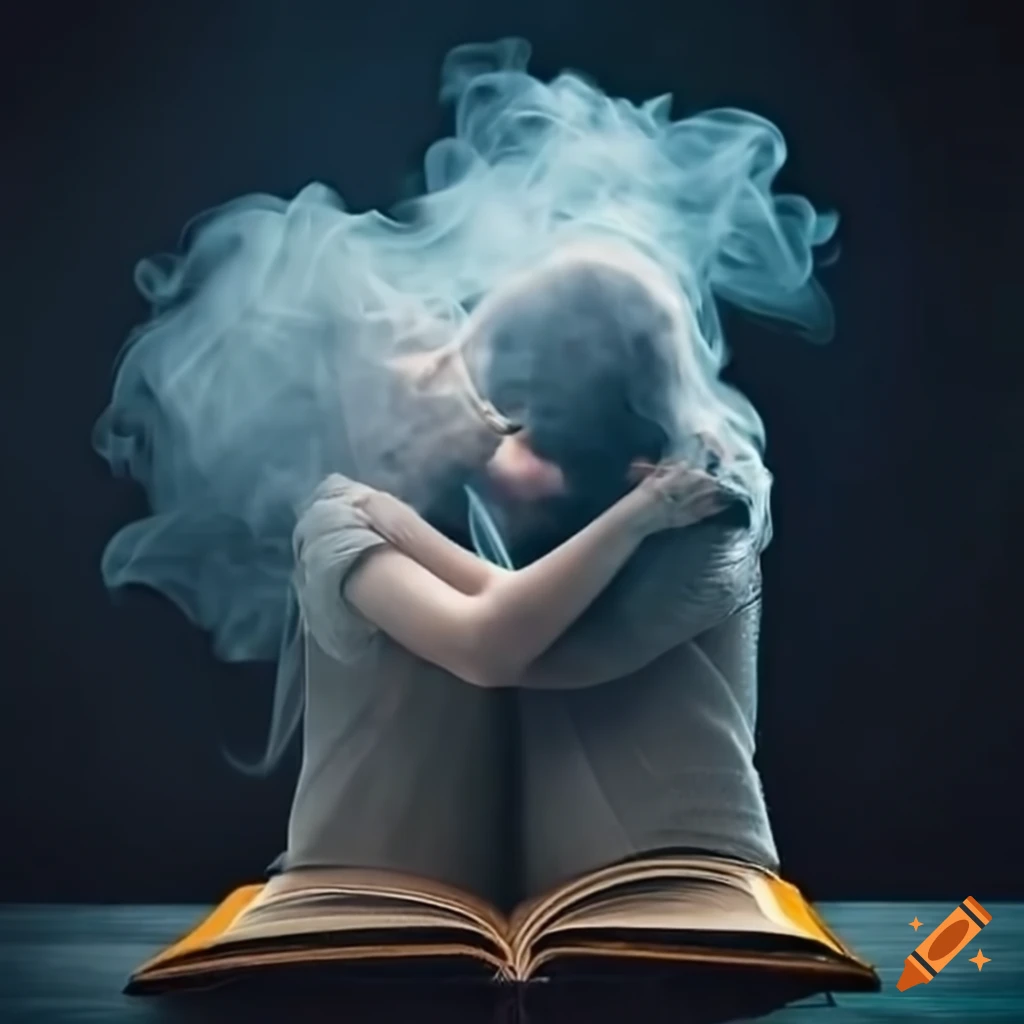 Smoke couple hugging emerging from an open book