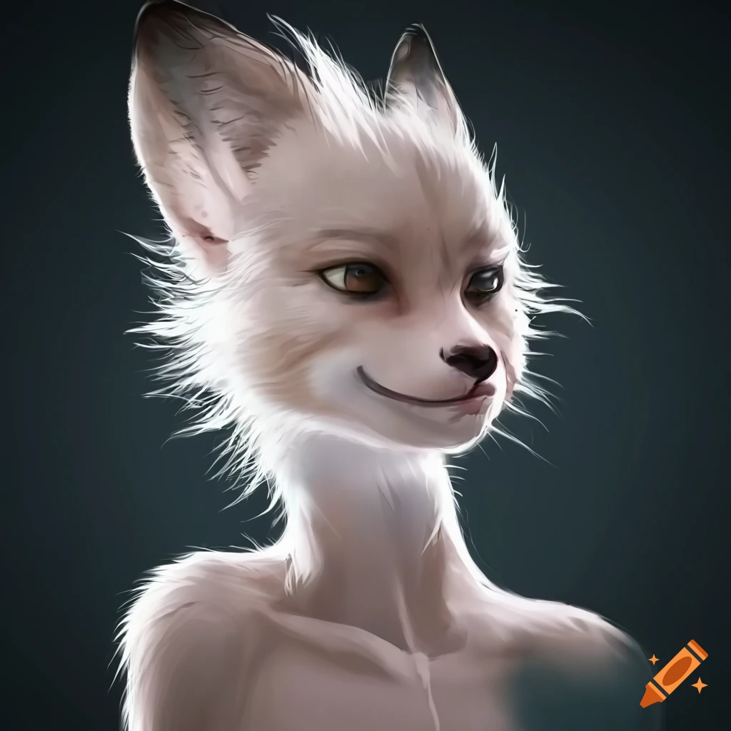 Muscular female white fluffy fox werefox with glowing eyes in ...