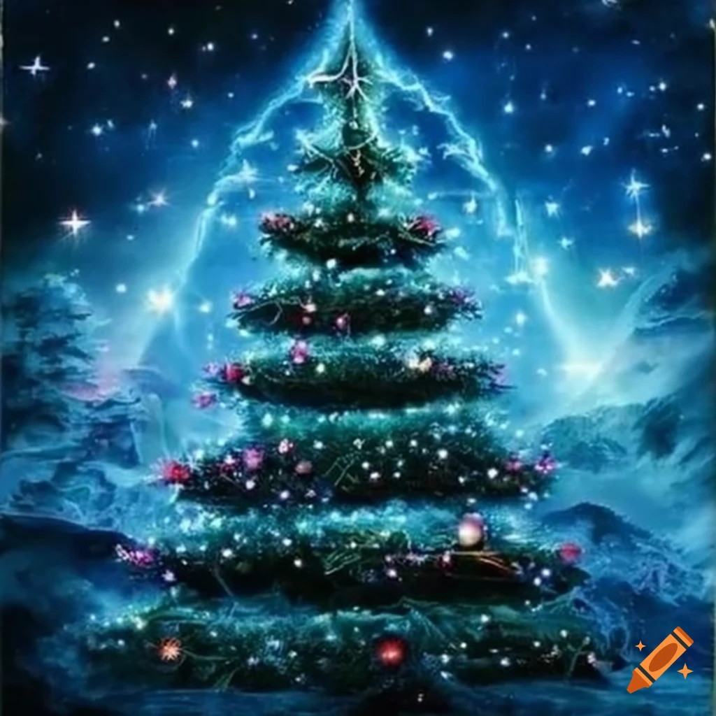 Stairs of Christmas trees in cosmic fantasy art setting on Craiyon
