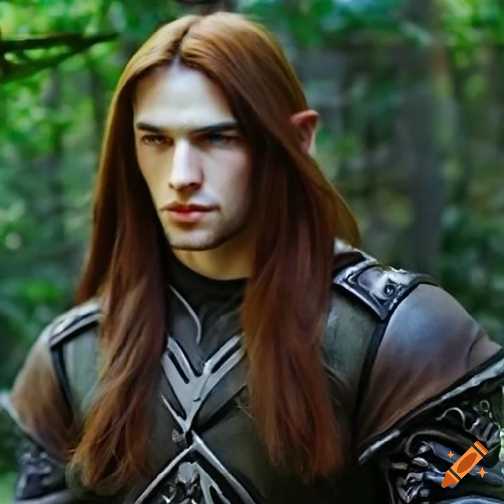 Handsome smirking male elven rogue with long brown hair and green eyes on Craiyon