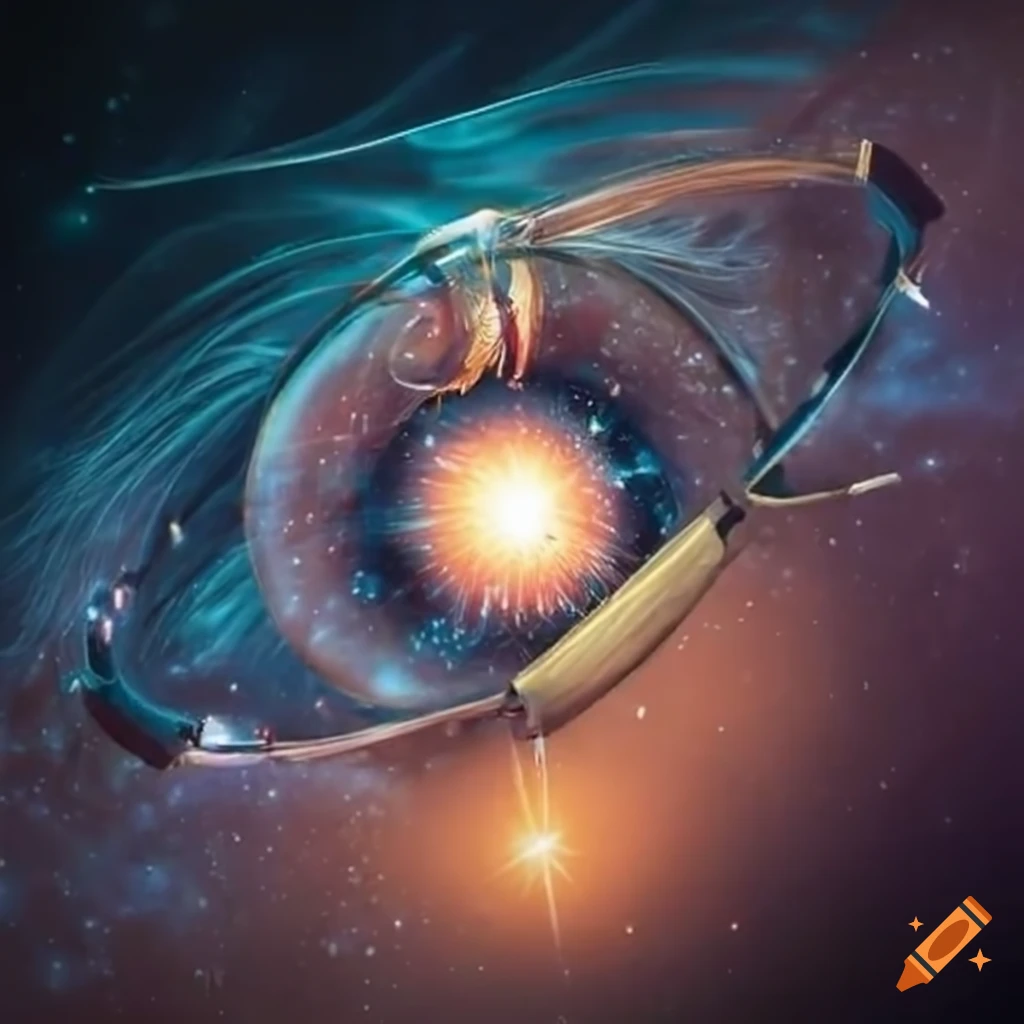 Mechanical iris in space with hanging wires and eye glint