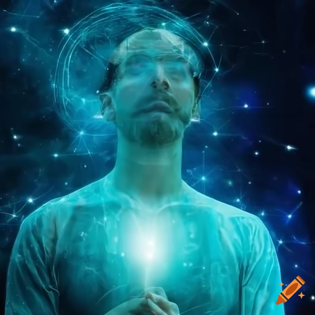 Abstract image of a man connected telepathically to a galaxy-sized ...
