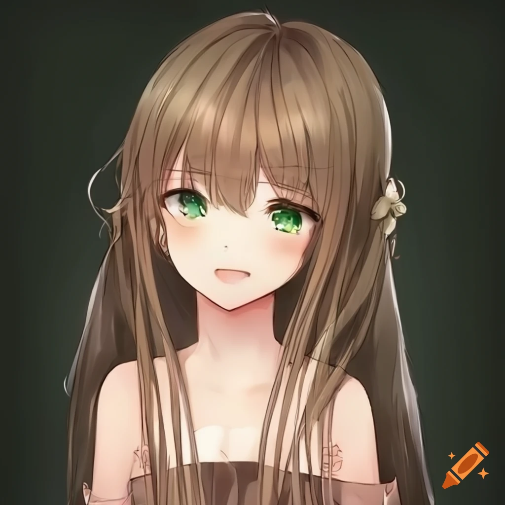 Cute anime girl with light brown hair and green doe eyes on Craiyon