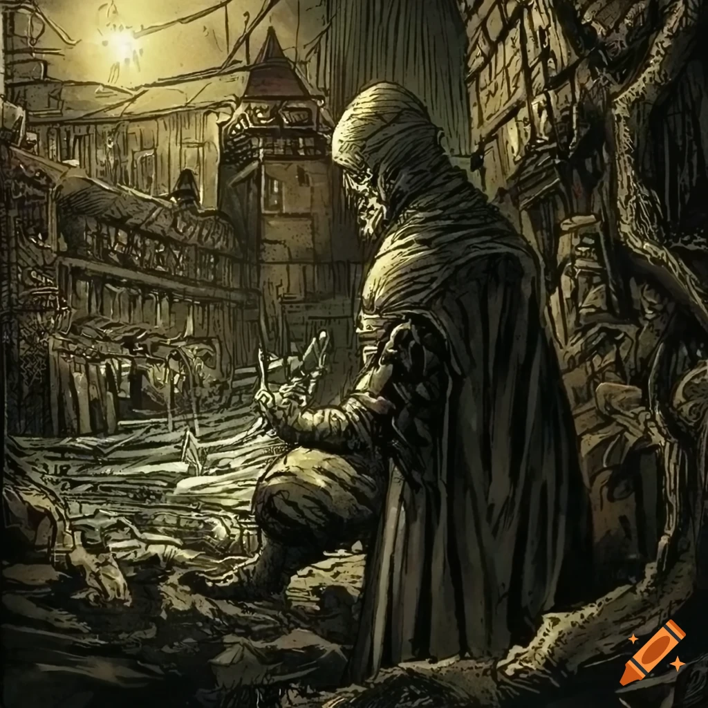 Epic horror comic fantasy art depicting an alley of terror with cobwebs ...