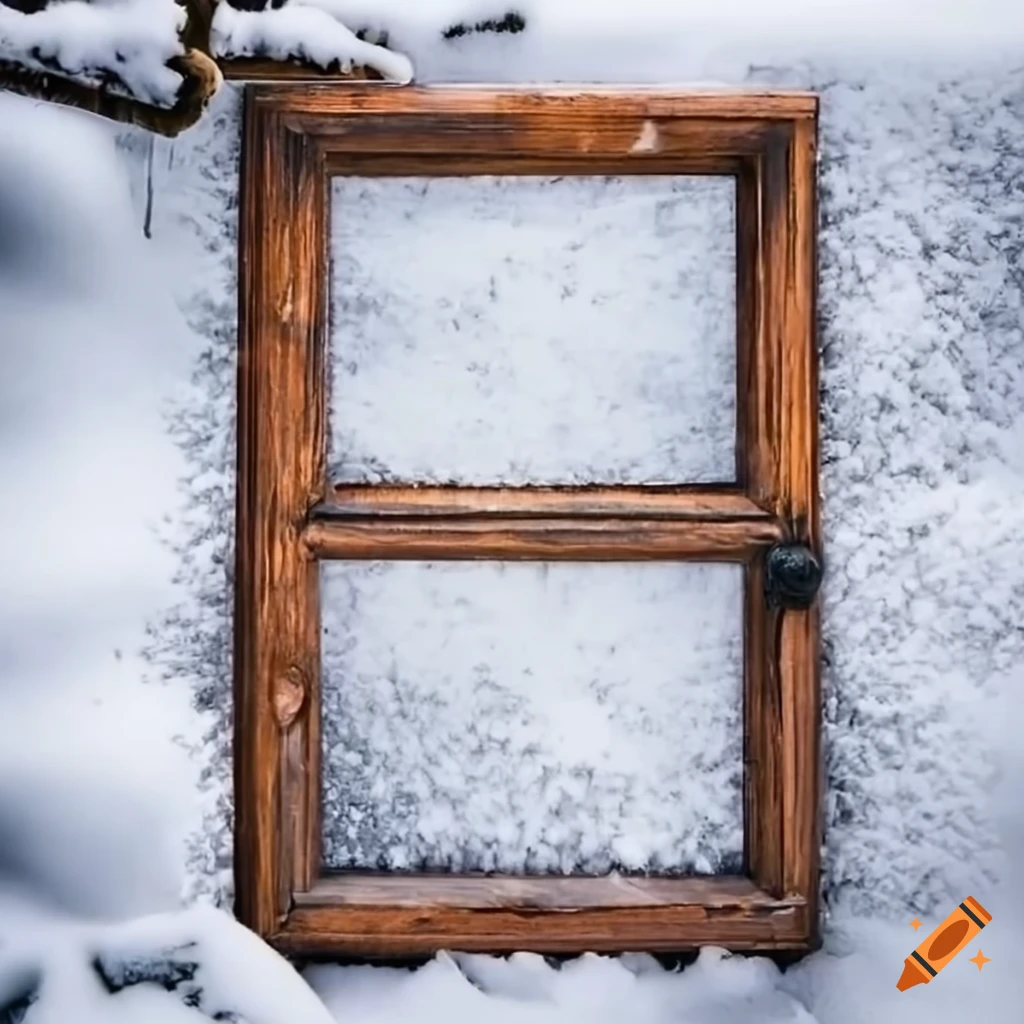 Whimsical wooden window frame with 4k wood grain resolution in snowy ...