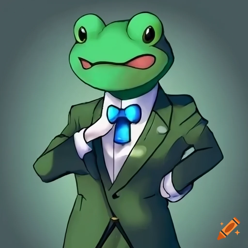 Charming humanoid frog pokémon in dark green tuxedo and top hat on Craiyon