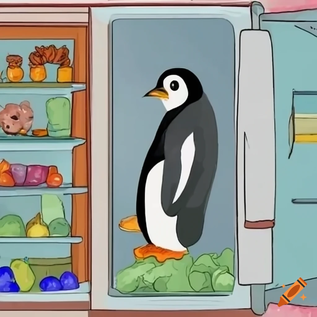 Penguin inside a fridge on Craiyon