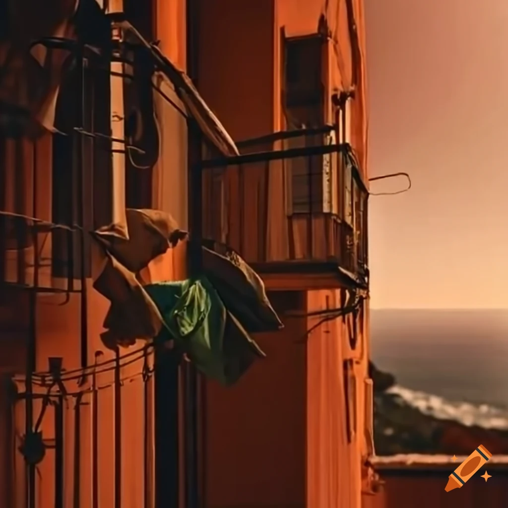 Waste bags hanging on a coastal town balcony in the mountains on Craiyon