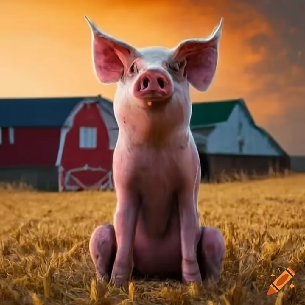 Confident heroic pig standing in front of barn and wheatfield on two ...