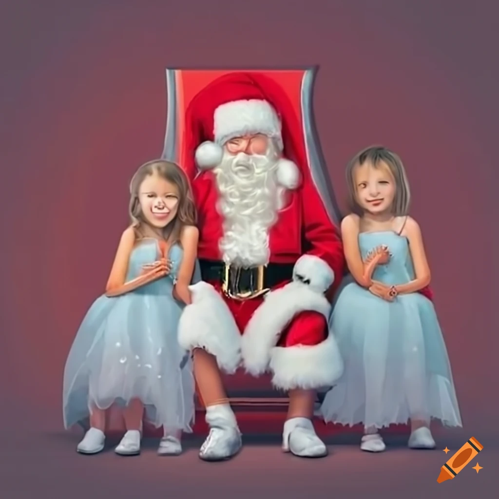 Santa claus with two girls in white dresses on his lap